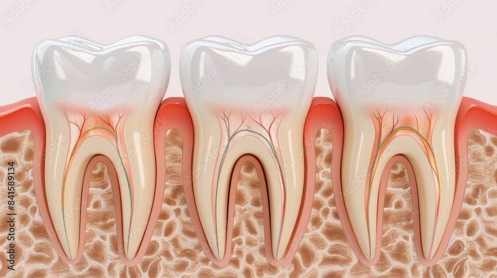 Illustration of a detailed cross-section of teeth with nerves and blood ...