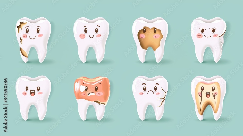 Set of cartoon teeth illustrations displaying different stages of tooth ...