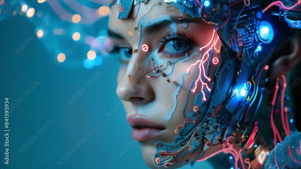 AI, Machine learning, beautiful woman robot cyborg digital technology on brain concept machine ...
