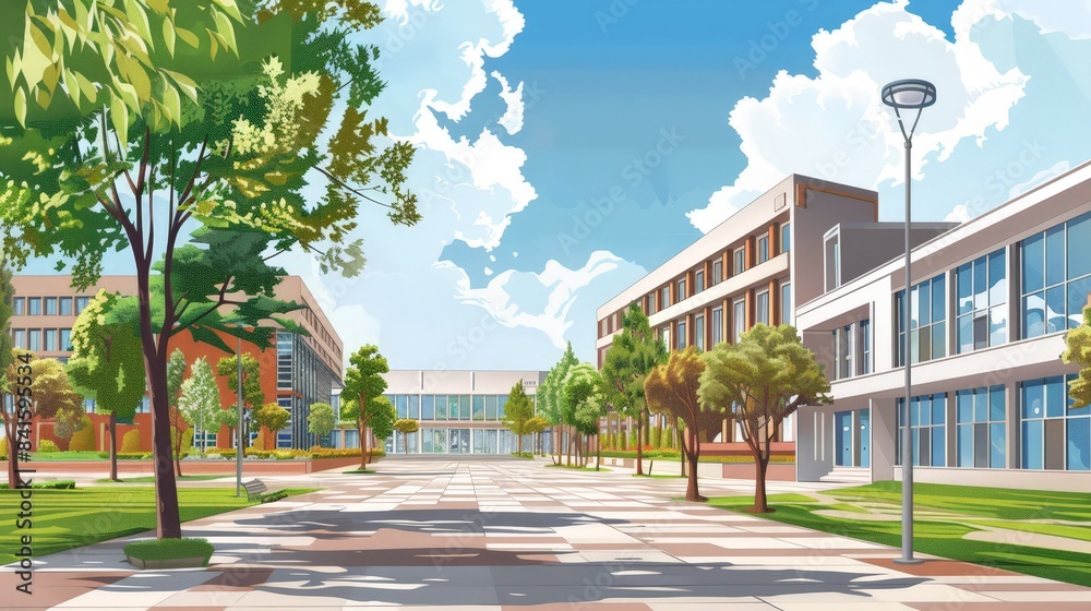 Illustrate a university campus with grand lecture halls and modern ...