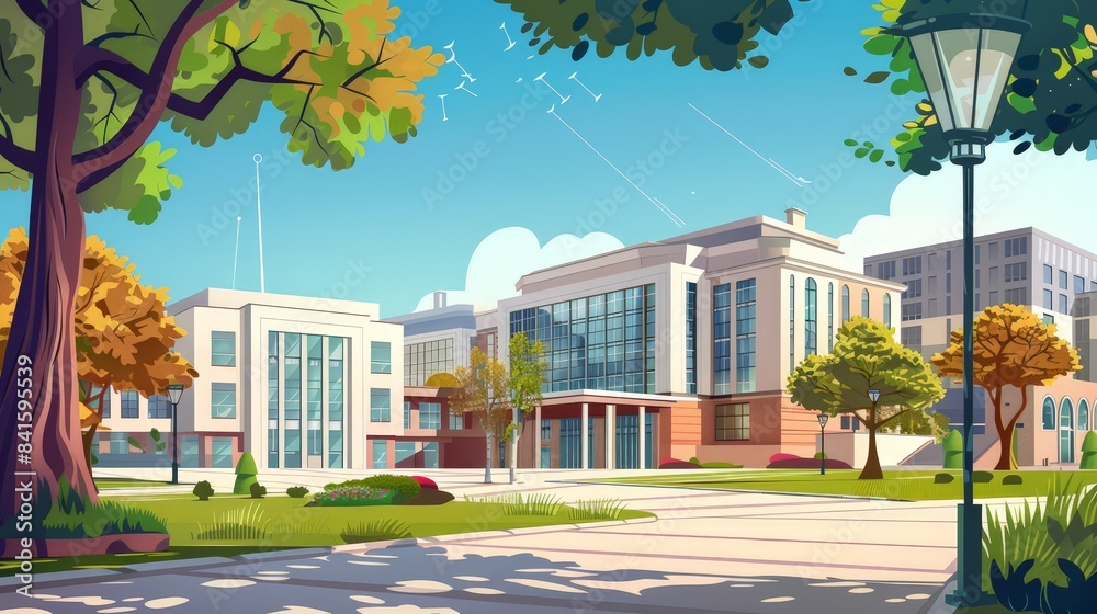 Illustrate a university campus with grand lecture halls and modern ...