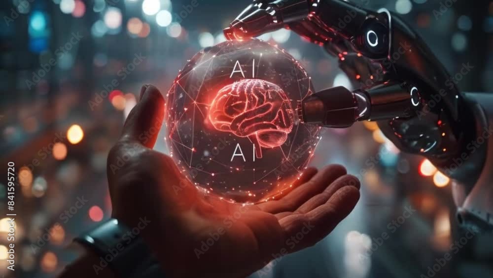 Human and robot keep in hand a brain. AI digital technology machine ...
