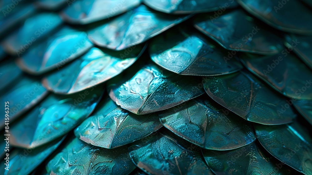 Texture of green forest dragon or mermaid scales close up, shiny ...