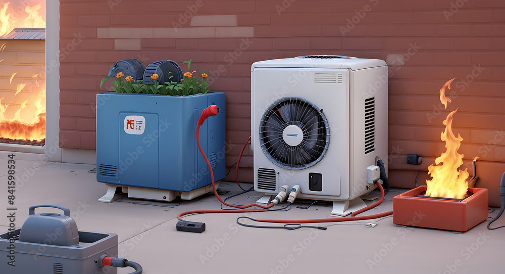 External unit of an Air conditioner or AC on fire attached to a ...