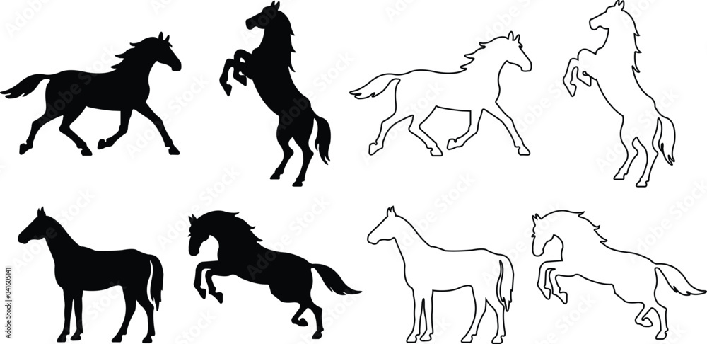 Set of flat Silhouette of galloping, jumping running, trotting, rearing ...