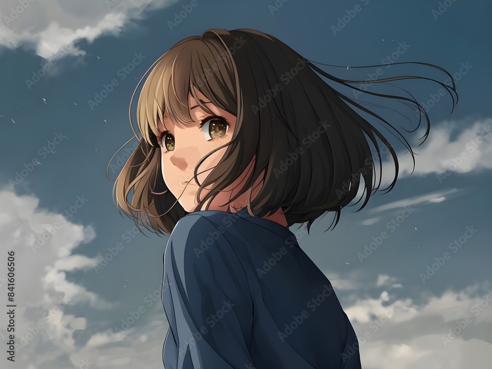 A anime girl turns her head and looks behind her, blue sky on ...
