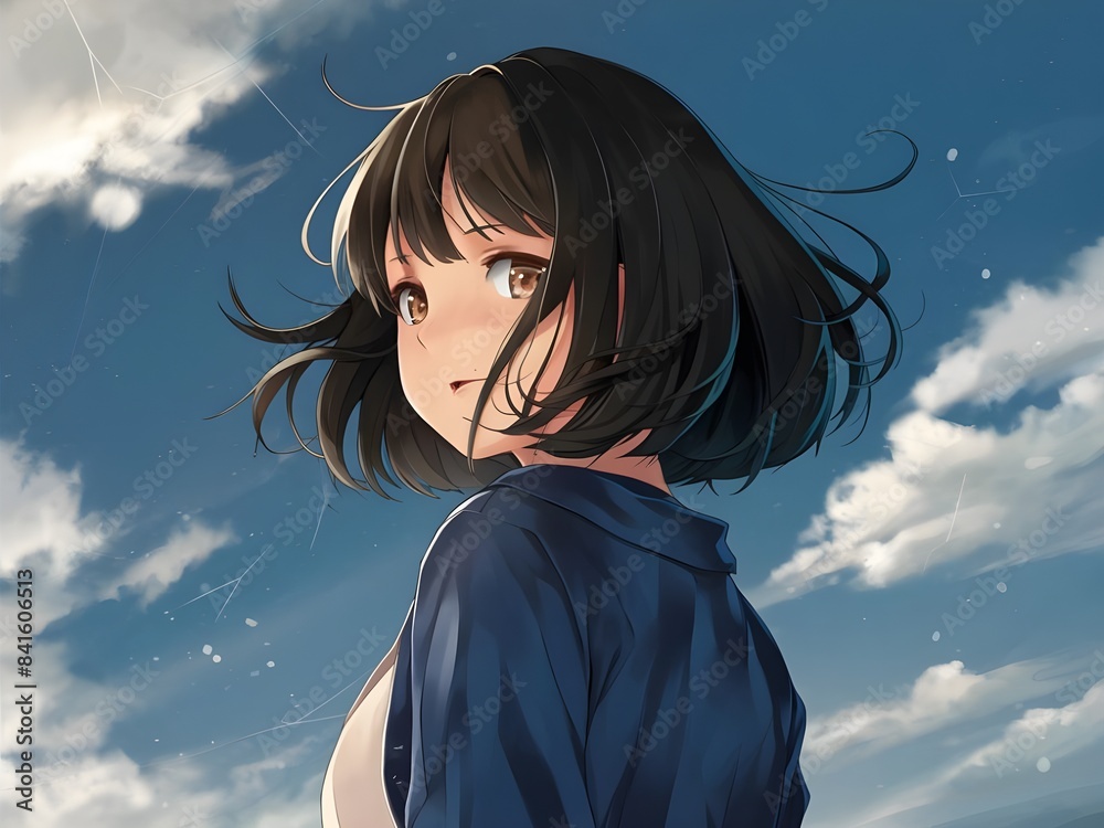 A anime girl turns her head and looks behind her, blue sky on ...