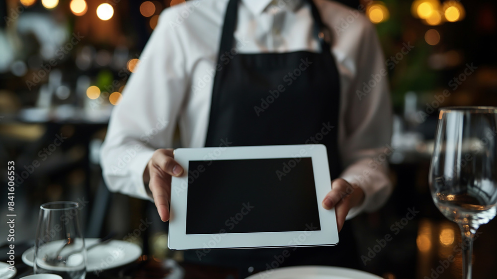 Waiter holding tablet with blank screen. The waiter gives the ...