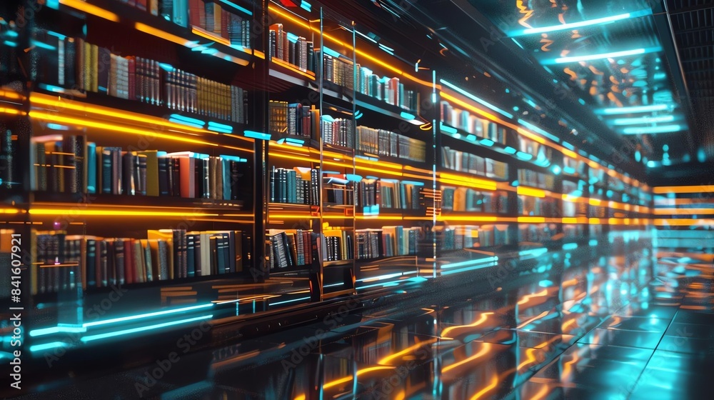 AI Tutor in Library A modern light 3D library with an AI tutor guiding ...