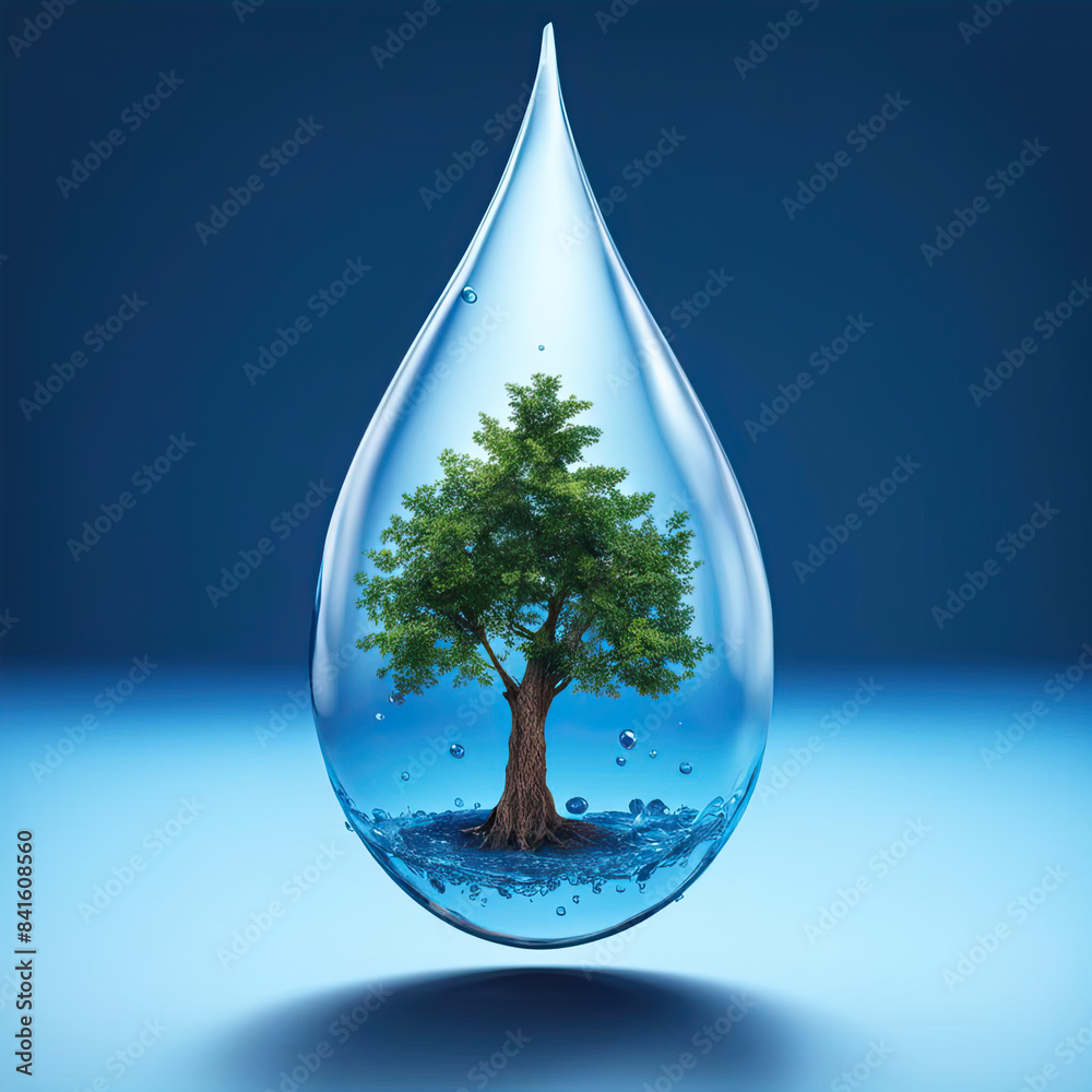 tree in a transparent clean drop of water on a blue background. green ...