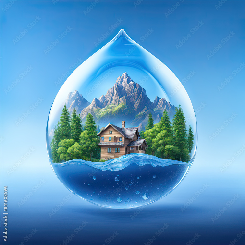 house with trees and mountains in a transparent clean drop of water on ...