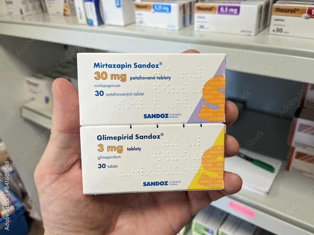 Prague,Czech republic-June 17 2024:MIRTAZAPIN Sandoz box of medication ...