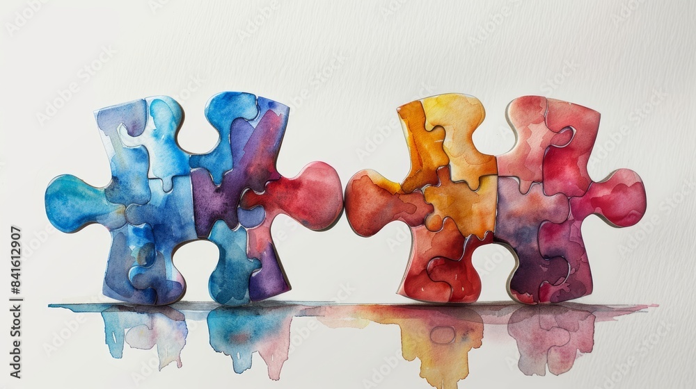 Detailed view of watercolor puzzle pieces merging together, creating a ...