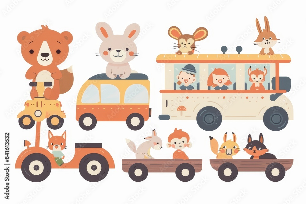 Animals on transport. Funny cartoon characters driving vehicles. A bear ...