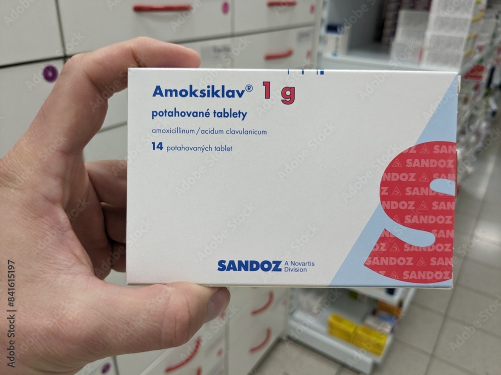 Prague, Czech Republic - June 28, 2024: AMOKSIKLAV box of medication ...