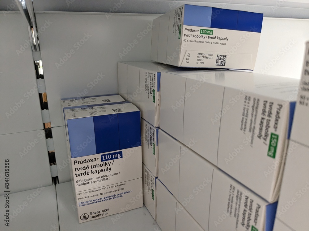 Prague,Czech republic-June 11 2024:Pradaxa box of tablets.Dabigatran as ...