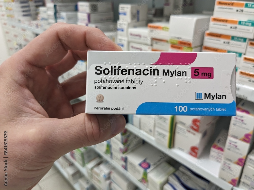 Prague, Czech Republic - June 28, 2024: SOLIFENACIN MYLAN box of ...