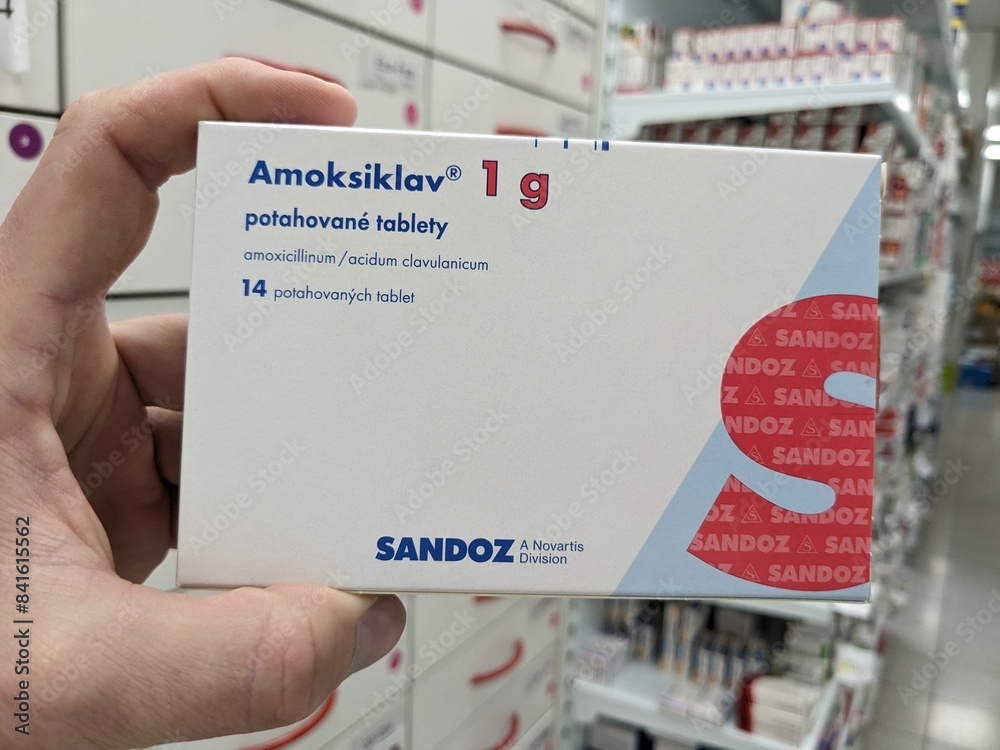 Prague,Czech republic-June 17 2024: Amoksiklav box of medication with ...