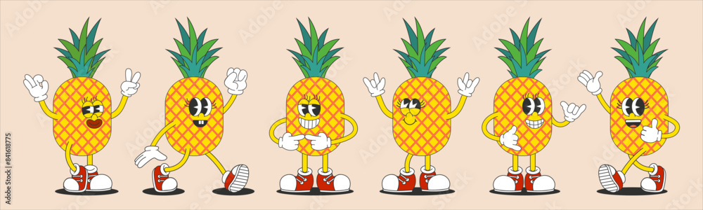 Summer fruit set. A collection of bright and cheerful cartoon characters of the 70s, 80s, 90s ...