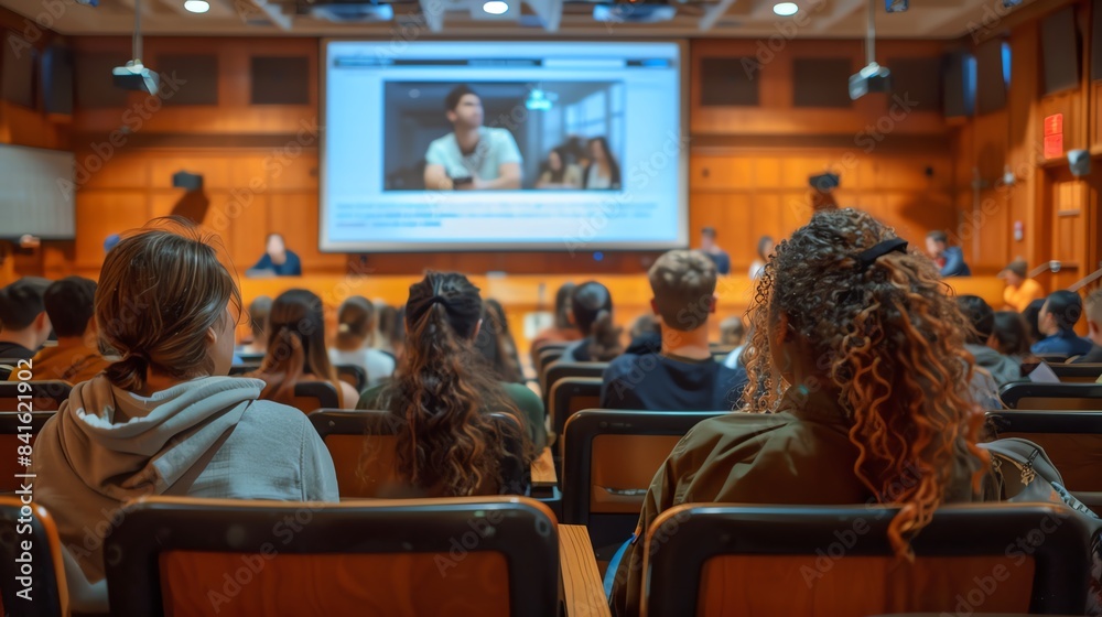 Audience watching a presentation on a large screen in a lecture hall ...