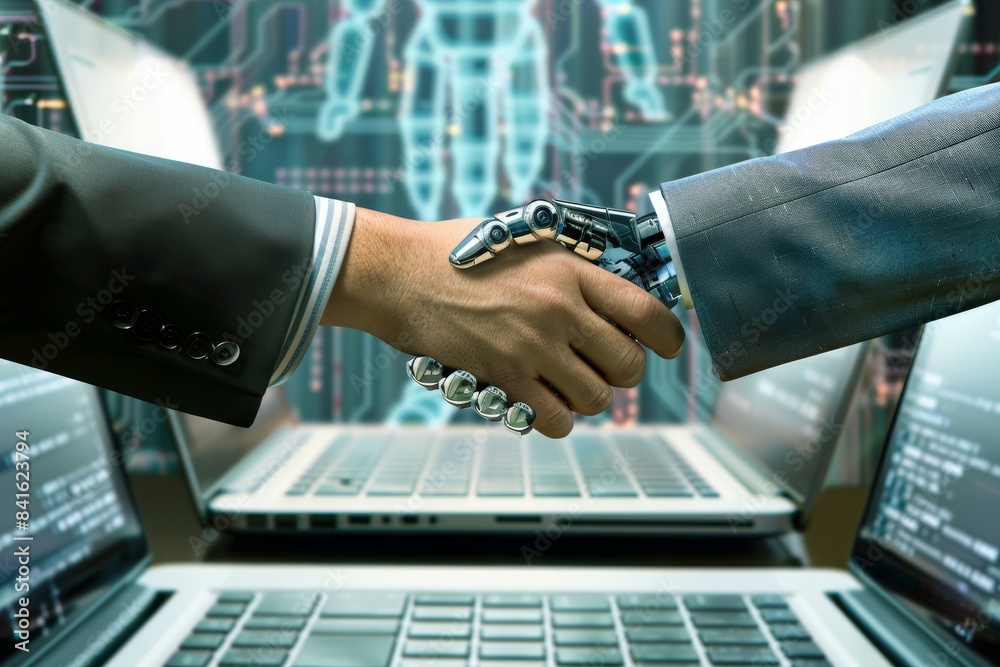 High-tech digital illustration of a business handshake between a human ...