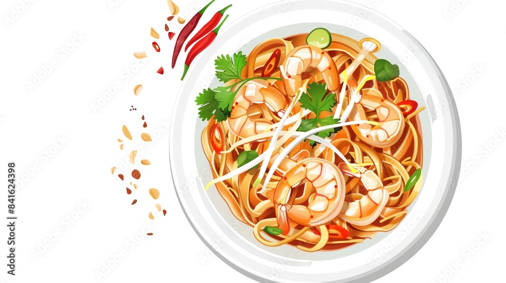 Top view of 32bit of Pad Thai in a vector cartoon style, isolate white ...