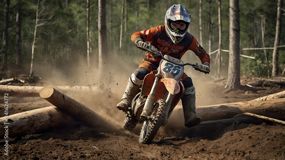 A detailed illustration of a motocross rider navigating a challenging ...