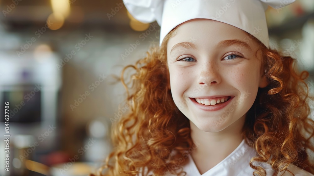 Adorable smiling ginger girl wearing a white chefs hat cooking in the ...