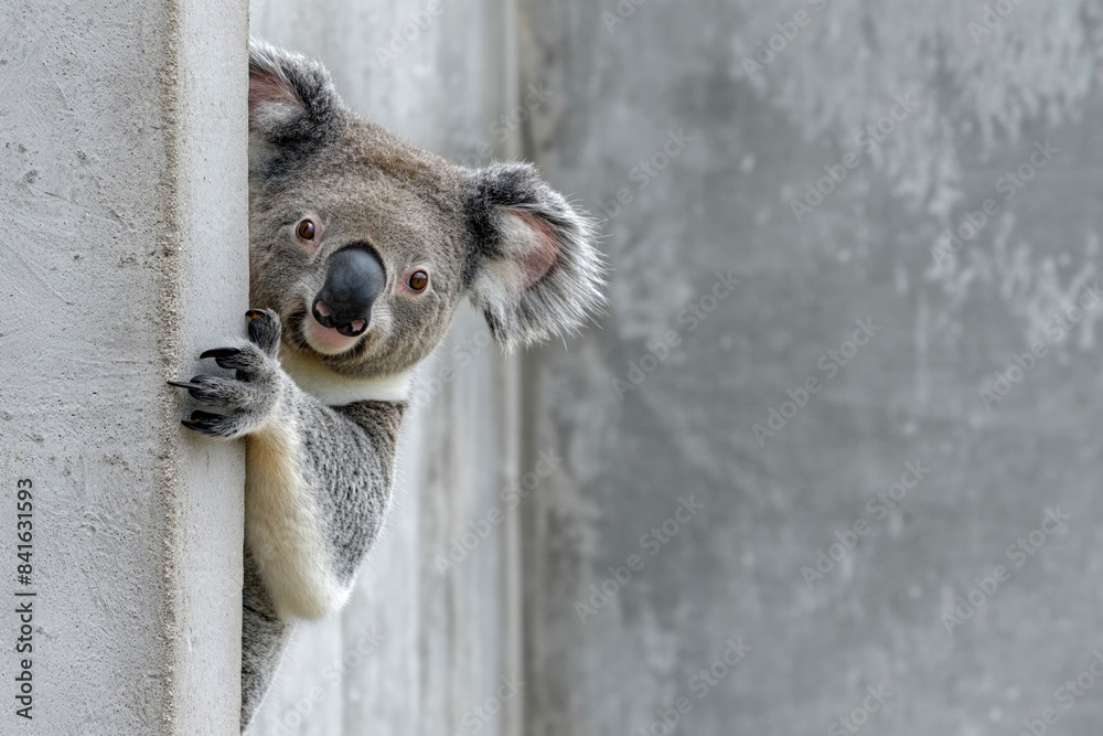 Koala peeking from behind a concrete wall, showcasing its inquisitive ...