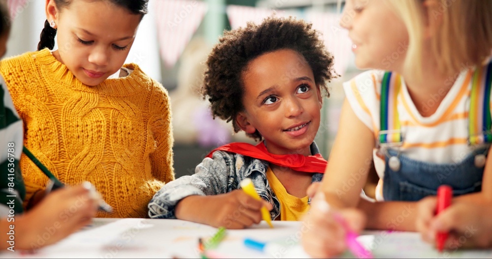 Happy children, drawing and paper with class in kindergarten for fun ...