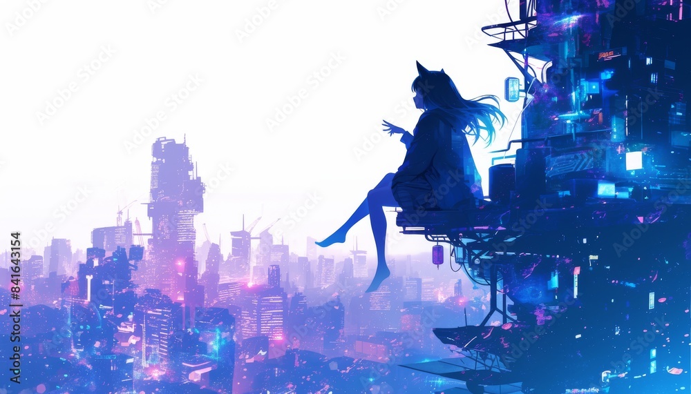 Elegant anime girl on a skyscraper rooftop with a glowing lantern ...
