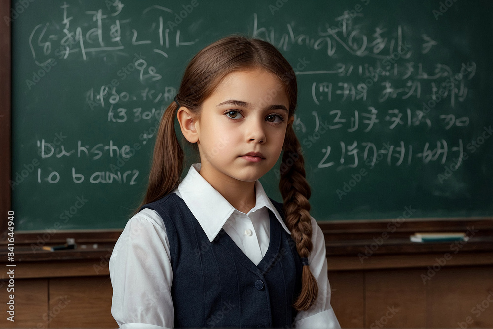 Adorable first grade student girl in school uniform posing at ...