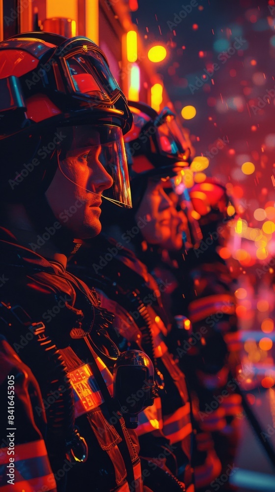 Generative AI illustration of firefighters lined up in profile with ...