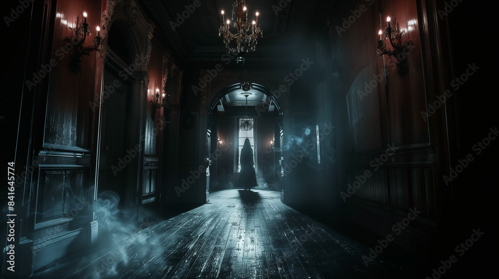Darkened, old corridors in the castle, where at the end you can see a ...