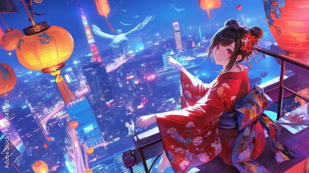 Charming anime girl in traditional attire with a lantern on a ...