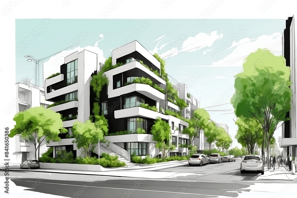 Sustainable urban design featuring eco-friendly elements. Rough sketch ...