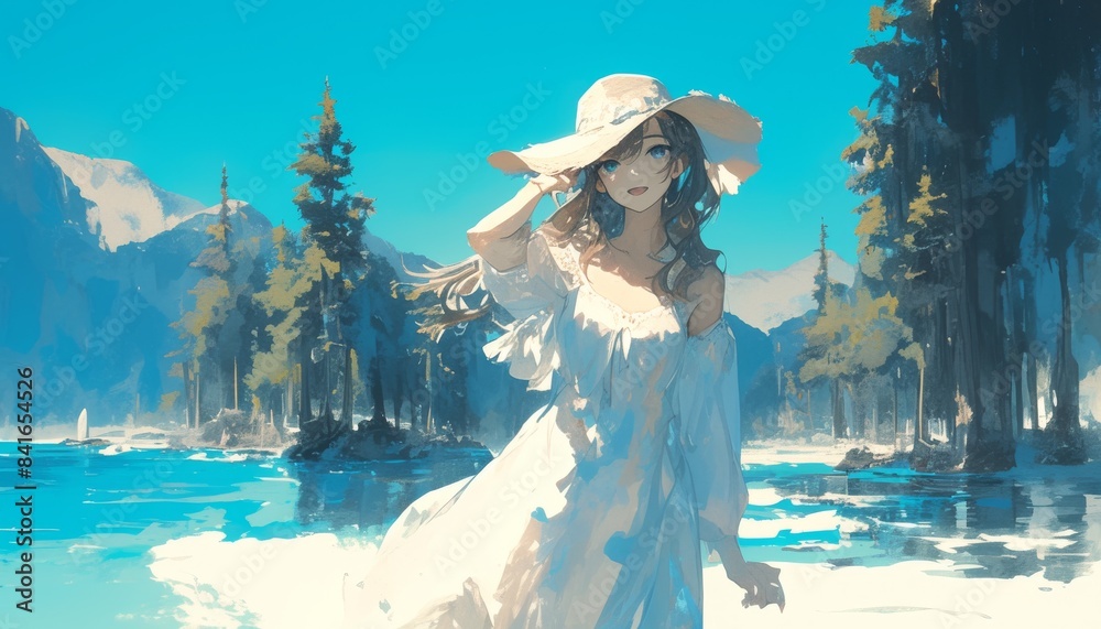 Elegant anime girl on a beach with pine trees, stock market graph lines ...