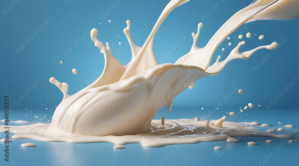 Splattered milk splash on a plain blue background like advertisement ...