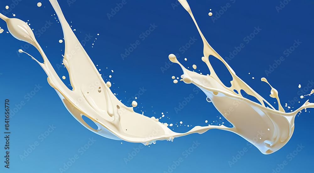 Splattered milk splash on a plain blue background like advertisement ...