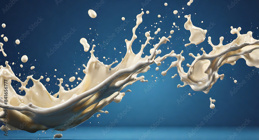 Splattered milk splash on a plain blue background like advertisement ...