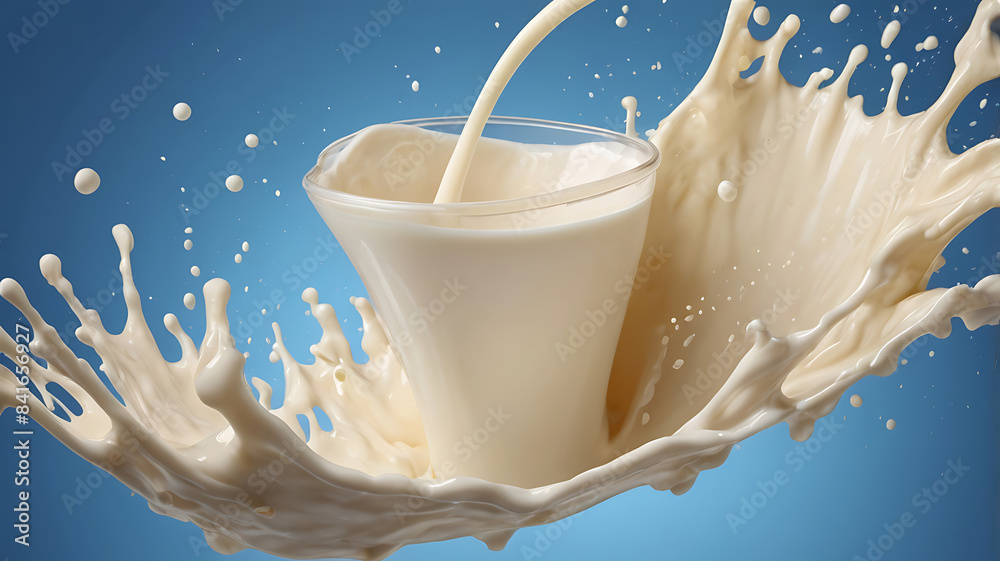 Splattered milk splash on a plain blue background like advertisement ...