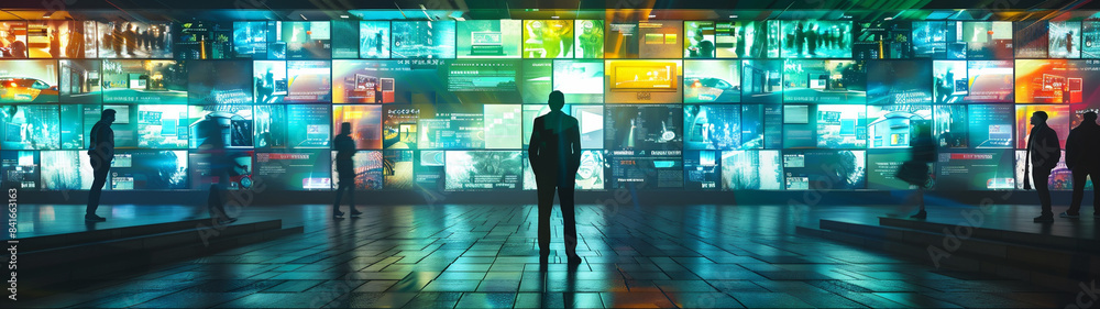 Person from back looking an art collage of multimedia images on ...