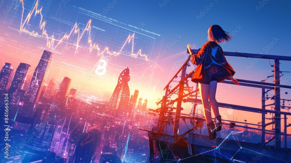 Japanese anime girl on a traditional bridge at sunset, stock market ...