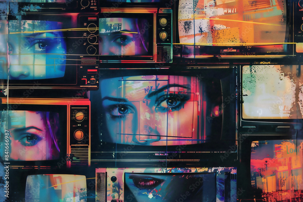 Art collage of multimedia images on different old television screens ...