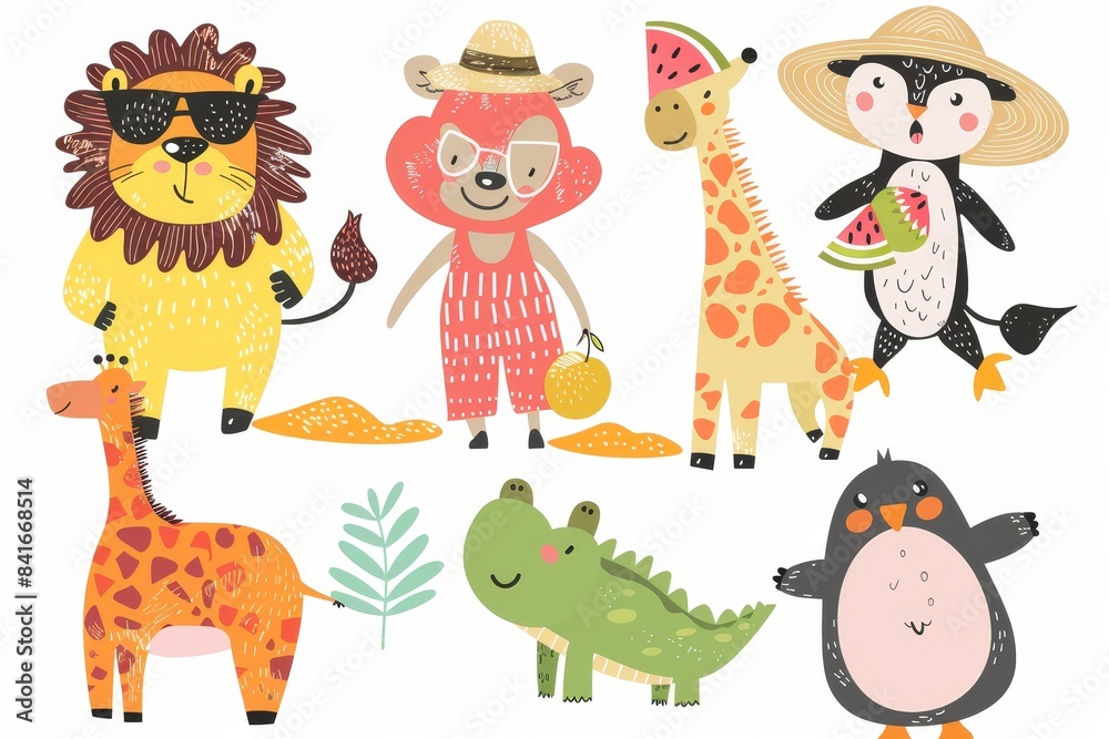 Cartoon set of cute summer animals in hats, sunglasses, with watermelon ...