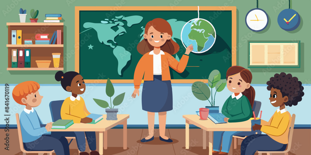 Teacher conducting a geography lesson with diverse students in a ...