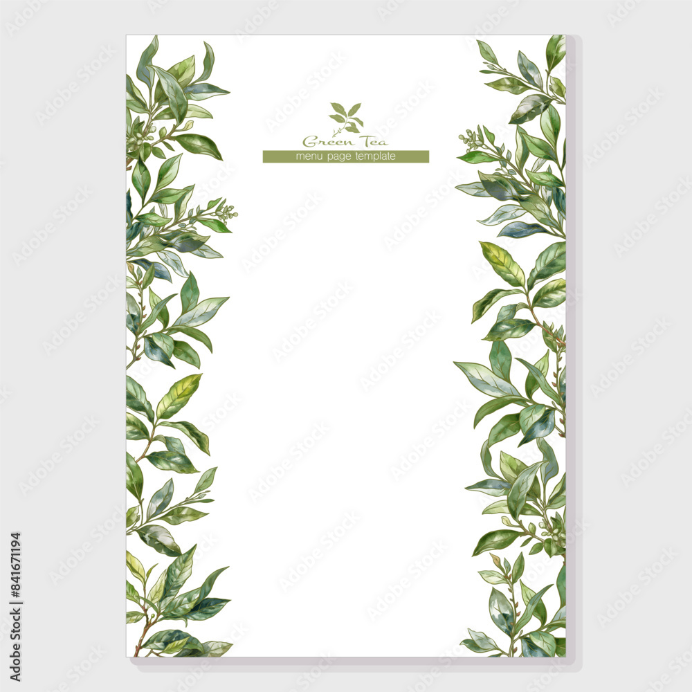 Green tea branch with leaves Border, frame, template for menu page ...