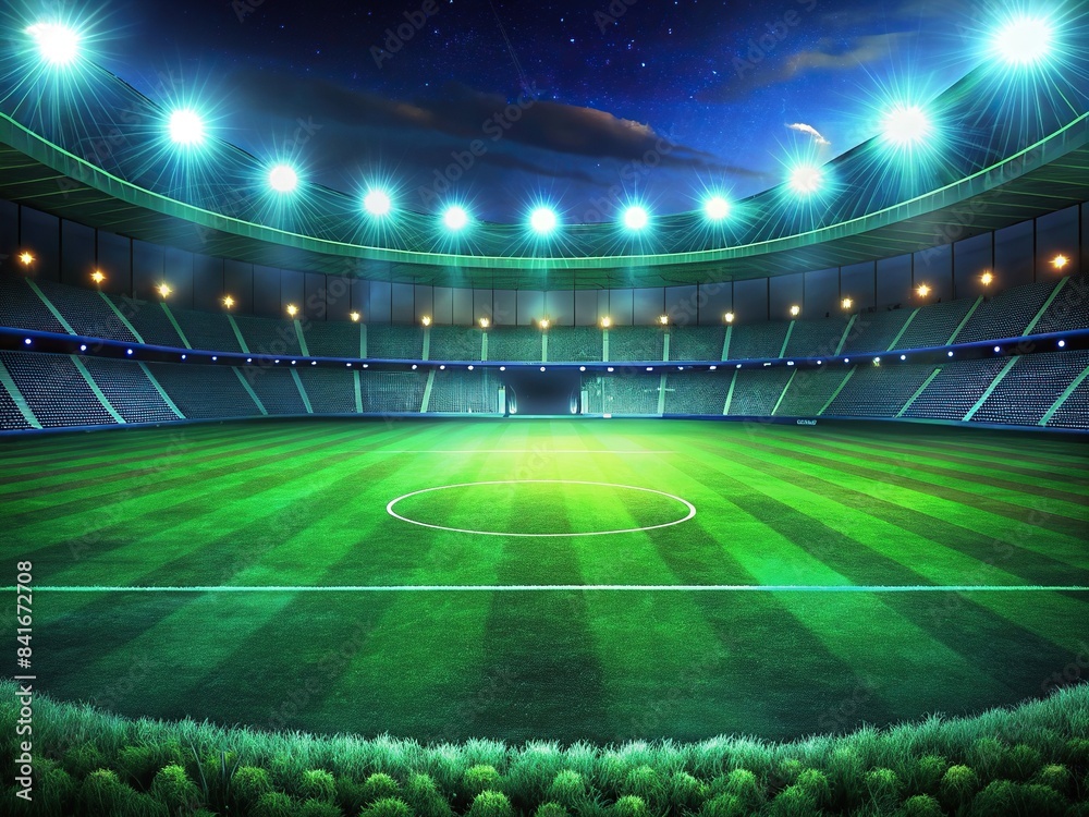 Green field in football stadium ready for game in the midfield ...