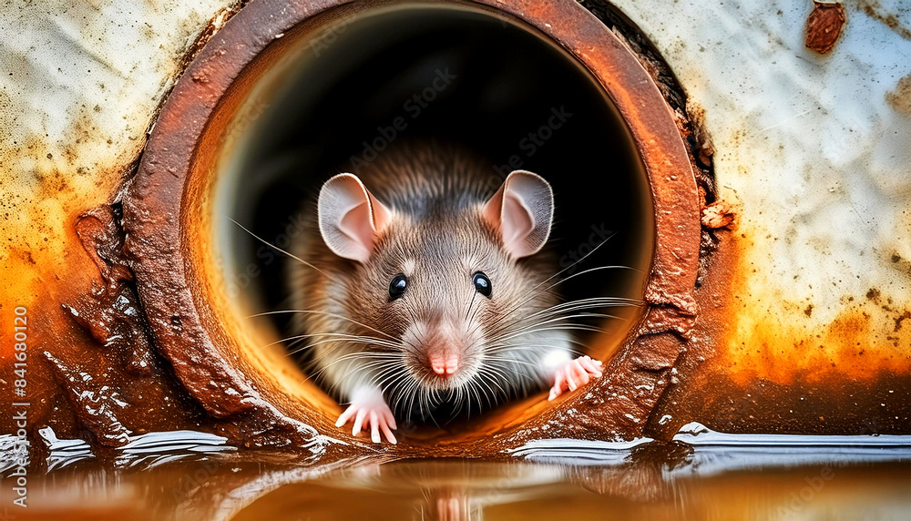 Extreme close-up of a rat inside a rusty sewer pipe; rat looking out of ...