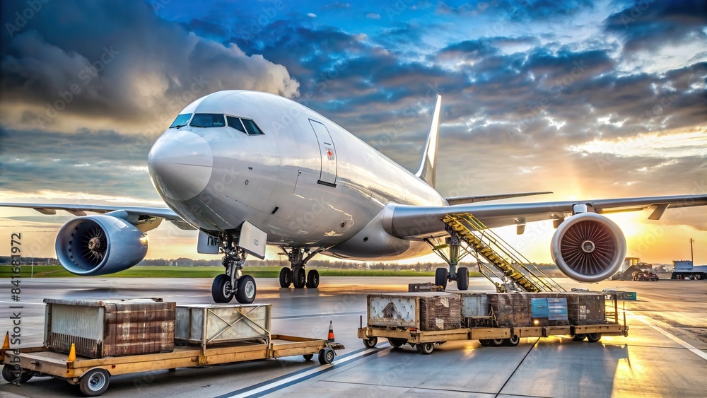 Cargo plane being loaded with goods at an airport , transportation ...